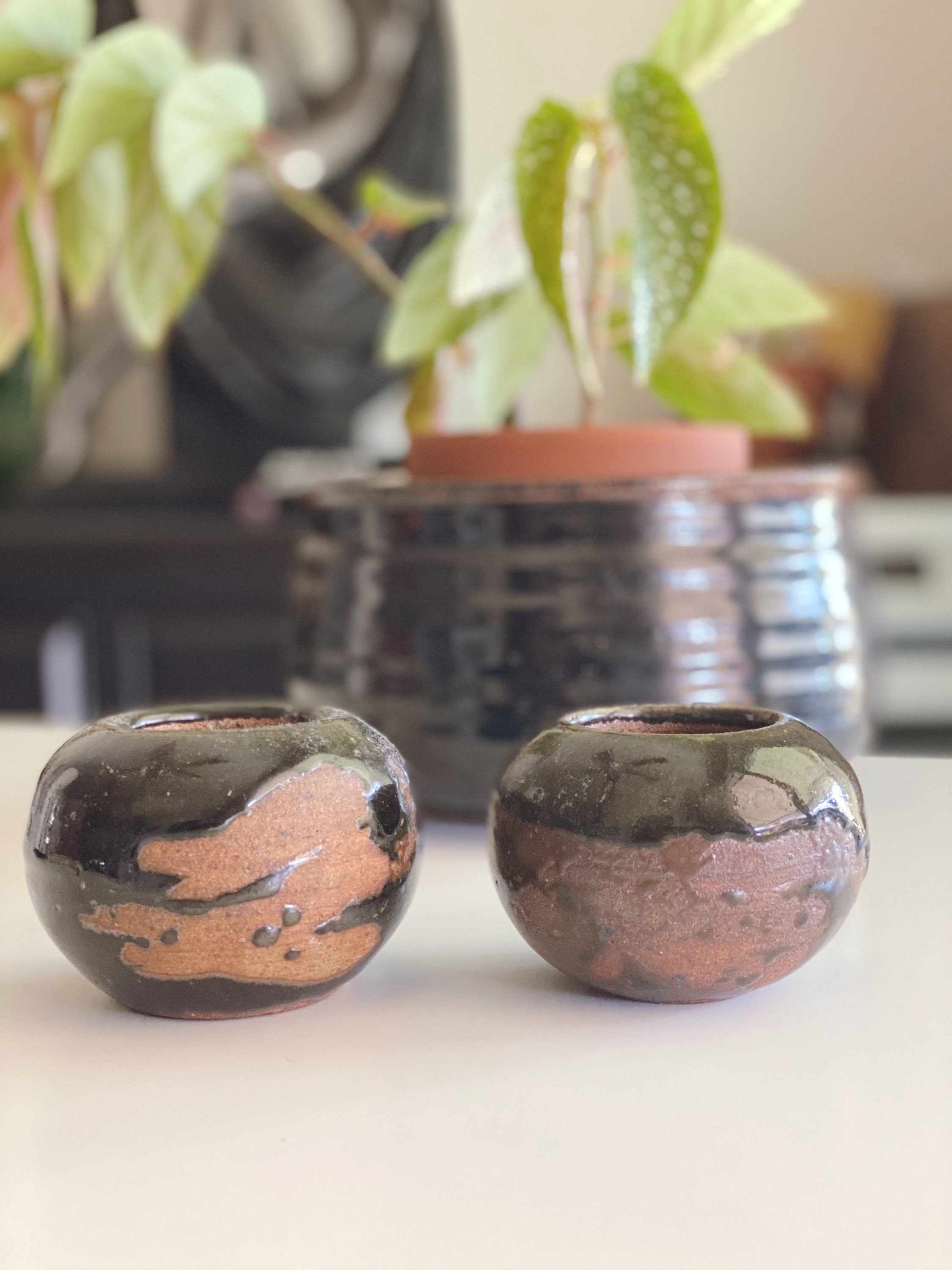Pair of Small Round Black Glazed Ceramic Pots - Vintage Studio Pottery ...